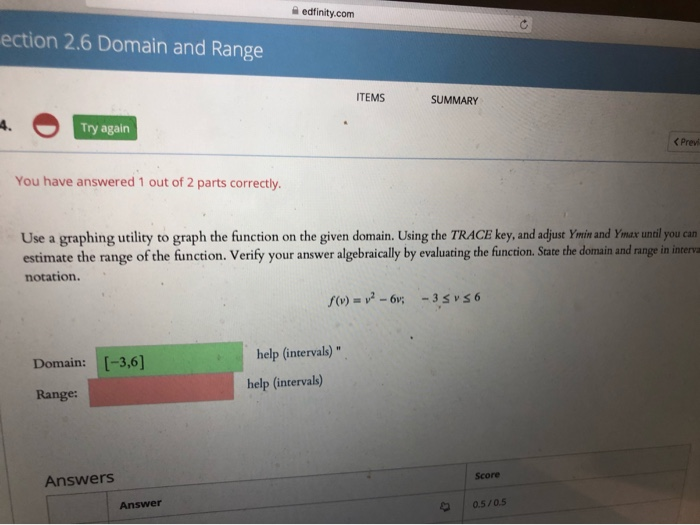 Solved edfinity.com lection 2.6 Domain and Range ITEMS | Chegg.com