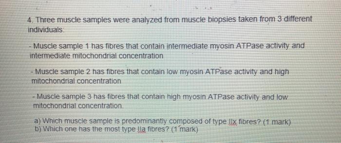 Solved 4. Three muscle samples were analyzed from muscle | Chegg.com