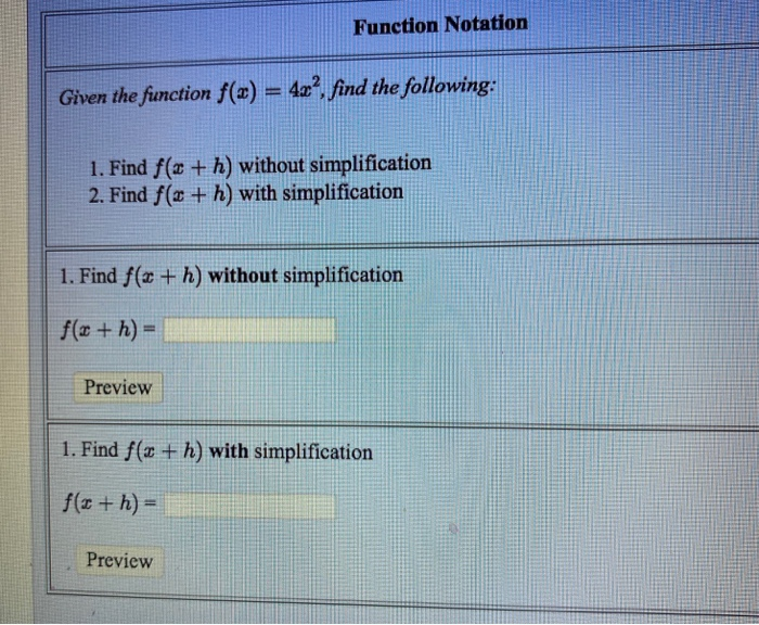 Solved Function Notation Given the function f(3) = 4x”, find | Chegg.com