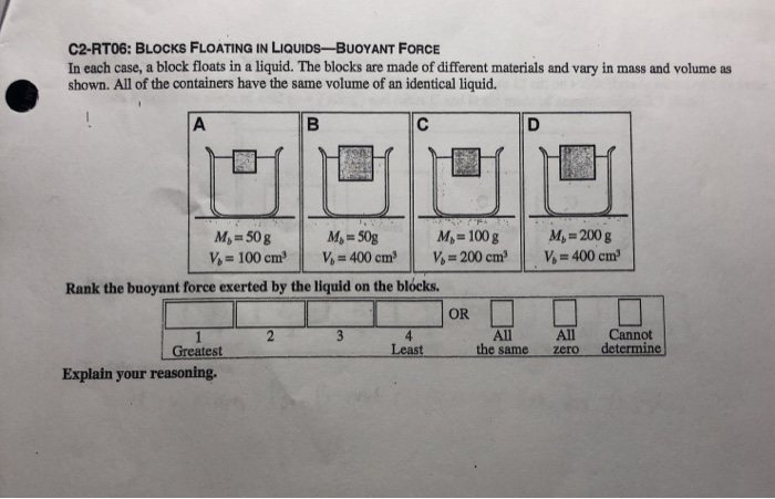 Solved C2-RT06: BLOCKS FLOATING IN LIQUIDS-BUOYANT FORCE In | Chegg.com