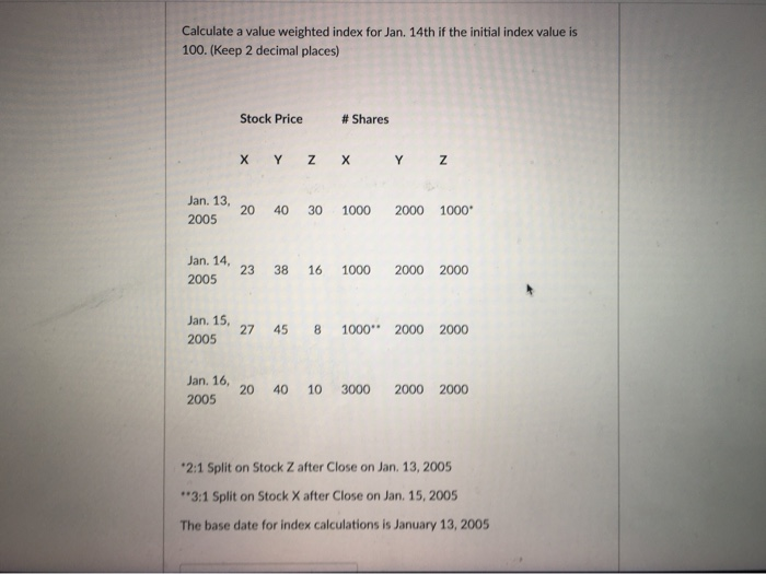 Solved Calculate a value weighted index for Jan. 14th if the | Chegg.com