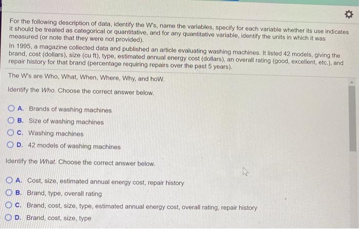 Solved For the following description of data, identify the | Chegg.com