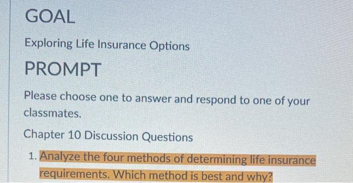 Solved Exploring Life Insurance Options PROMPT Please choose | Chegg.com