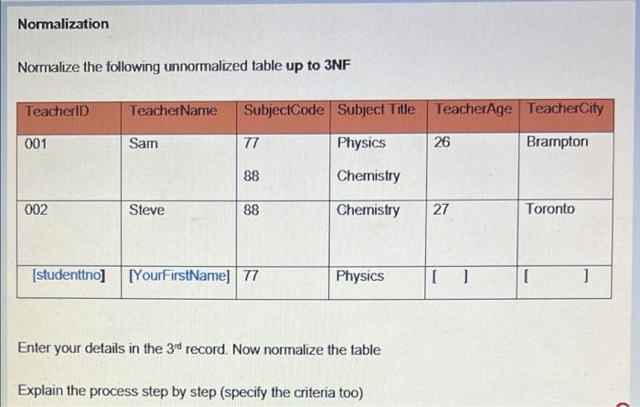 Solved Normalization Normalize the following unnormalized | Chegg.com