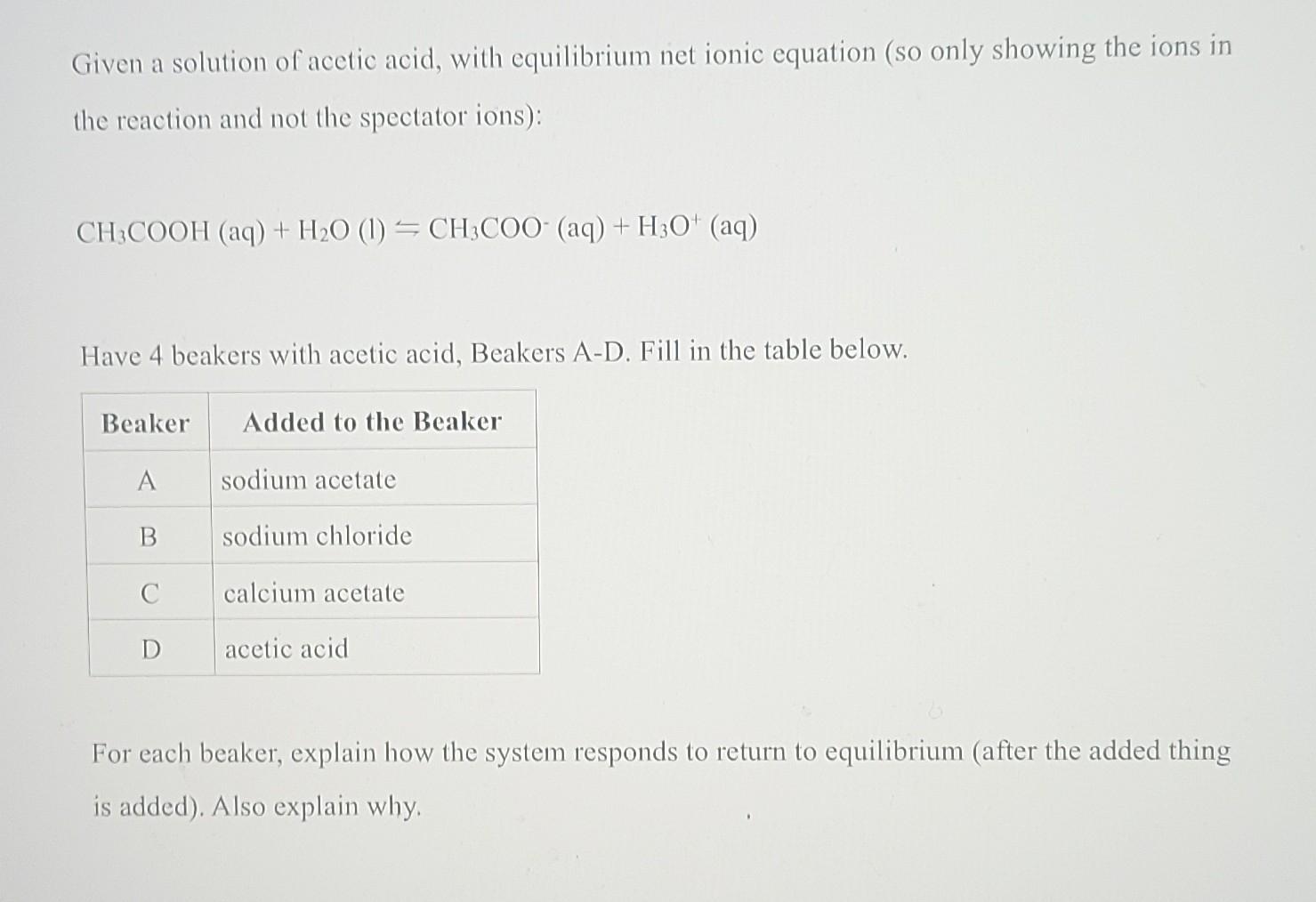 Solved Given a solution of acetic acid, with equilibrium net | Chegg.com