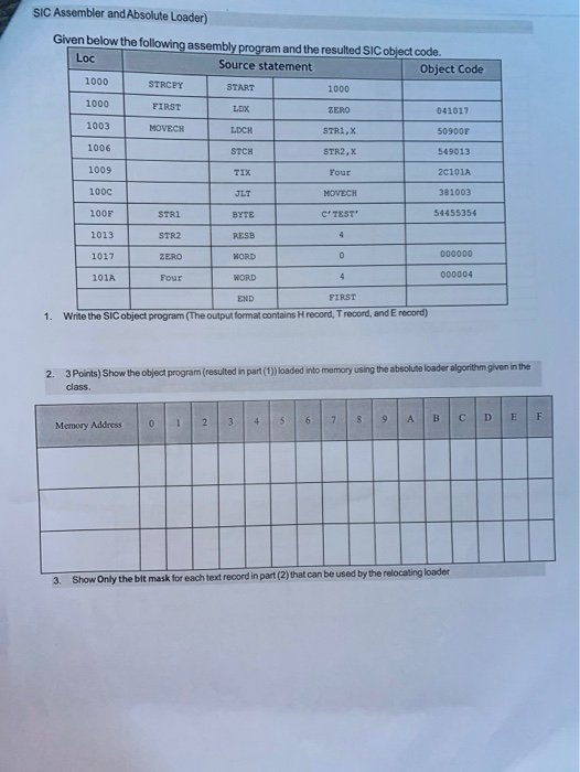 Sic Assembler And Absolute Loader Given Below The 