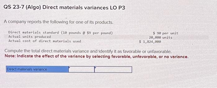 Solved Compute the total direct materials variance and | Chegg.com
