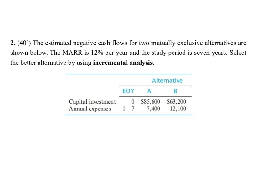 Solved 2. (40') The estimated negative cash flows for two | Chegg.com