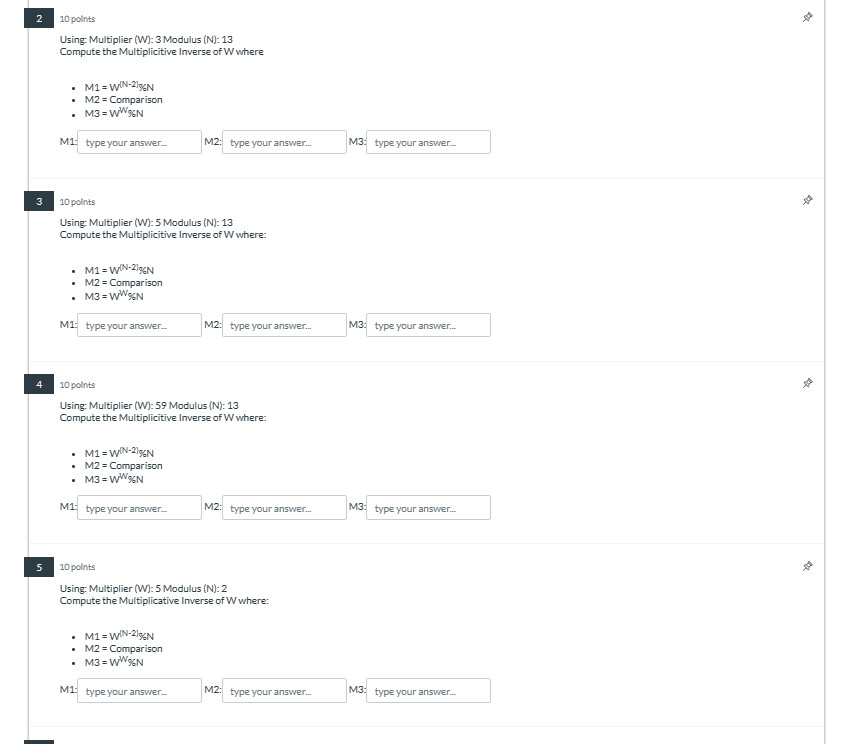 Solved Using: Multiplier (W): 3 ﻿Modulus (N): 13Compute the | Chegg.com