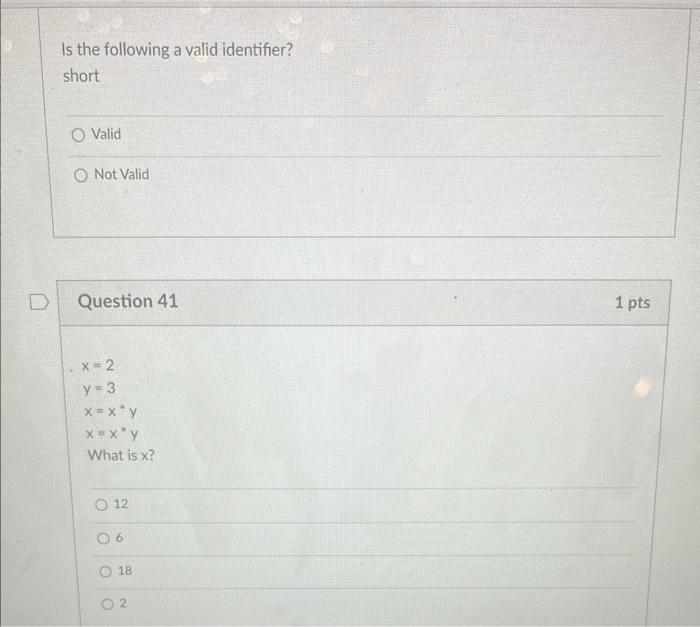 Solved Is the following a valid identifier? short Valid Not | Chegg.com