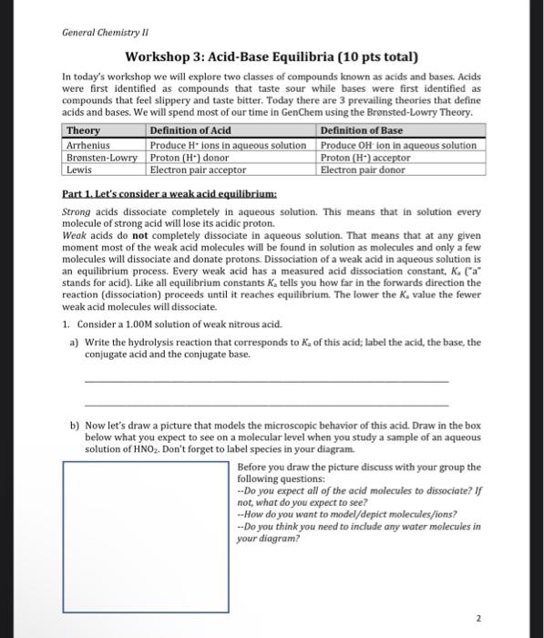 Solved General Chemistry II Workshop 3: Acid-Base Equilibria | Chegg.com