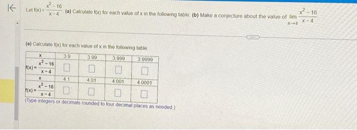 Solved Let f(x)=x−4x2−16 (a) Calculate f(x) for each value | Chegg.com