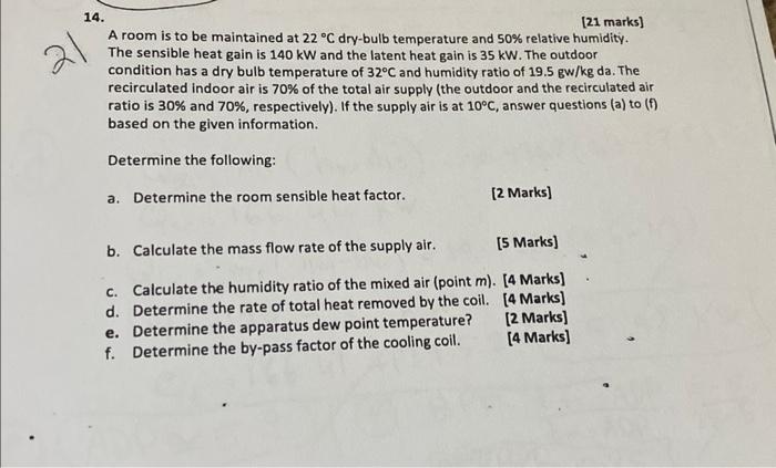 Solved 14. A room is to be maintained at 22∘C dry-bulb | Chegg.com