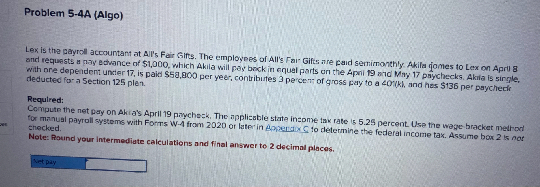 Solved Problem 5-4A (Algo)Lex is the payroll accountant at | Chegg.com