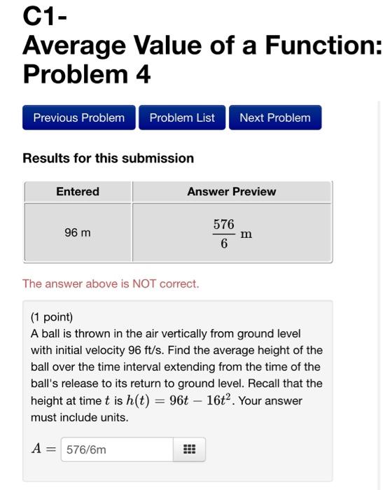 Solved C1- Average Value of a Function Problem 4 Results for | Chegg.com