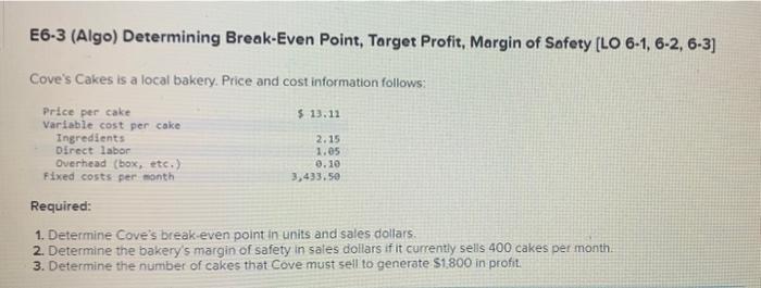 Solved E6-3 (Algo) Determining Break-Even Point, Target | Chegg.com