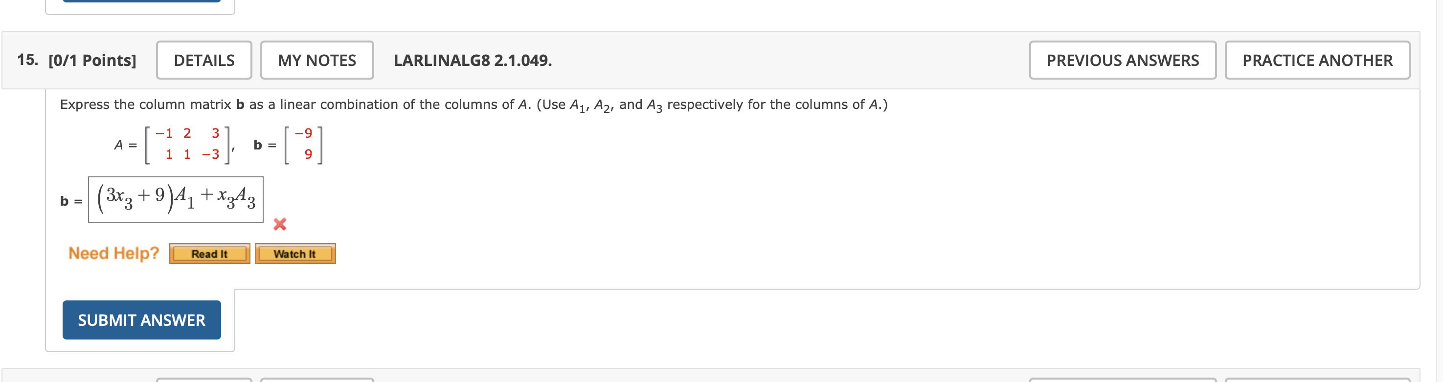 Solved [01 ﻿Points]LARLINALG8 2.1.049.Express the column | Chegg.com