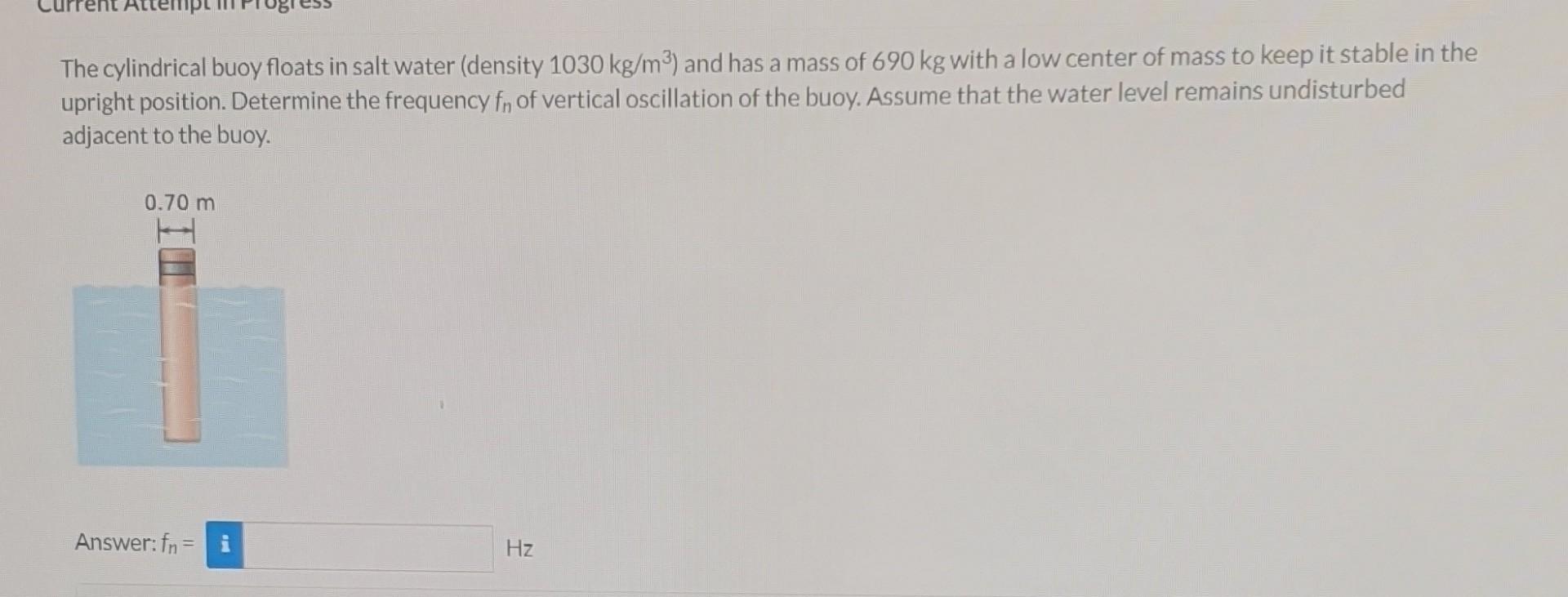 Solved The cylindrical buoy floats in salt water (density | Chegg.com