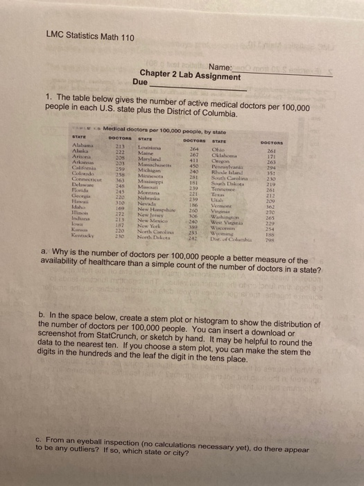 Solved mia LMC Statistics Math 110 Name: Chapter 2 Lab | Chegg.com