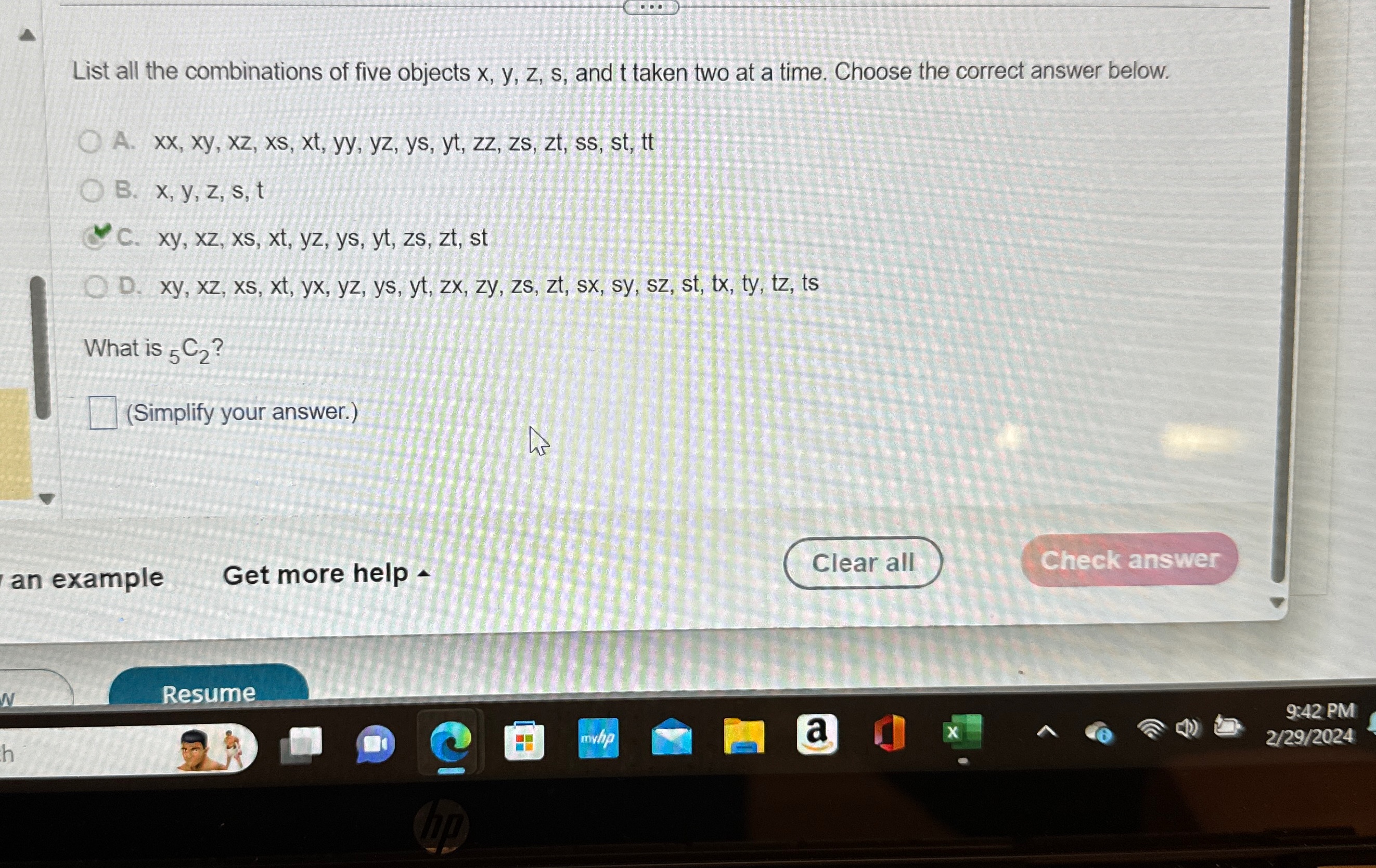 Solved List all the combinations of five objects x,y,z,s, | Chegg.com