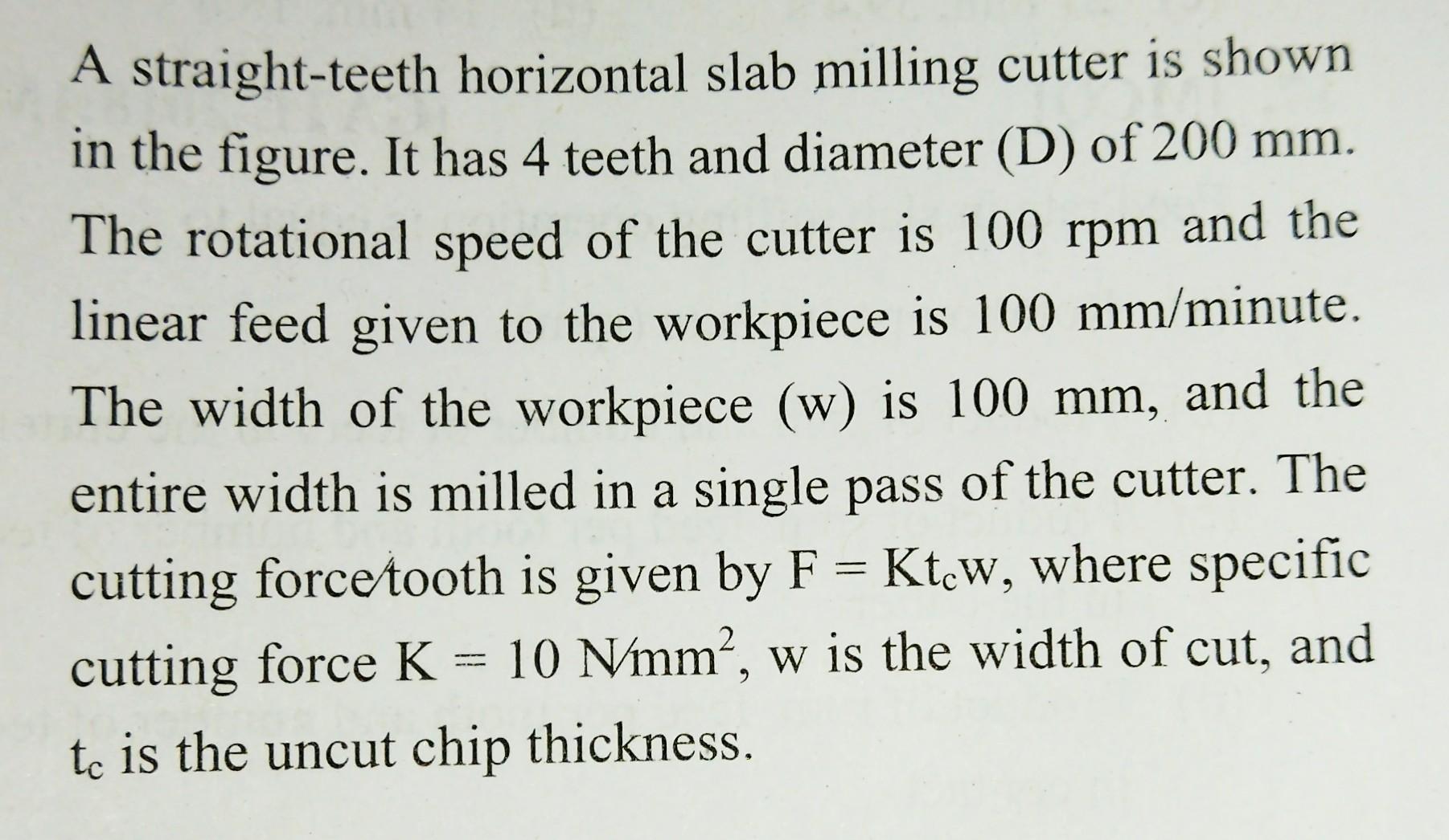 Solved A straight-teeth horizontal slab milling cutter is | Chegg.com