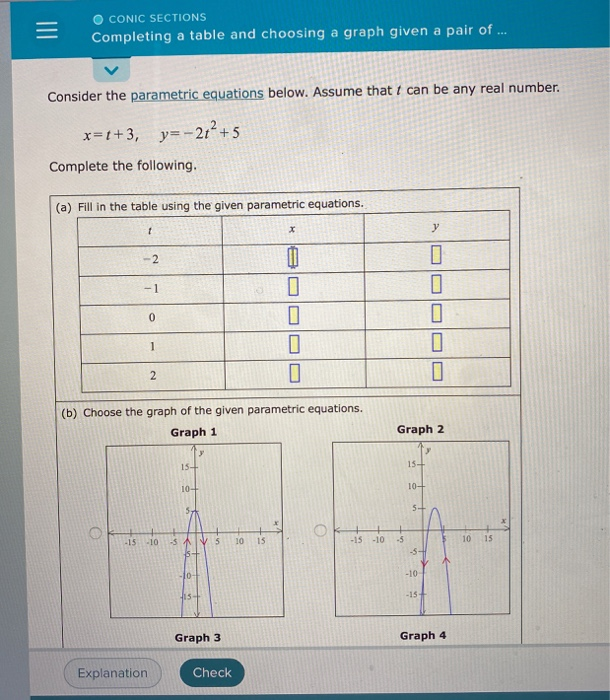 Solved O CONIC SECTIONS Completing a table and choosing a | Chegg.com