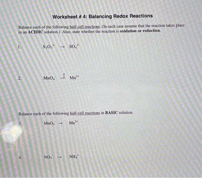 Solved Worksheet # 4: Balancing Redox Reactions Balance each | Chegg.com
