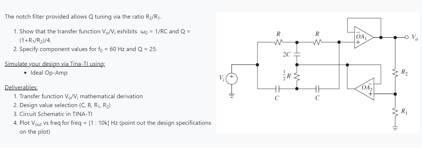 Solved The notch filter provided allows Q ﻿tuning via the | Chegg.com