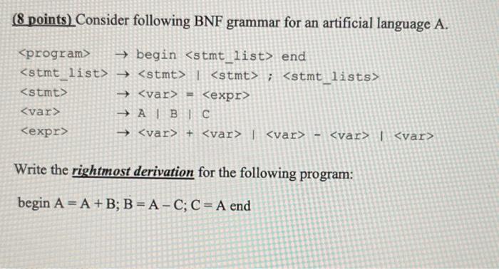 Solved (8 points) Consider following BNF grammar for an | Chegg.com