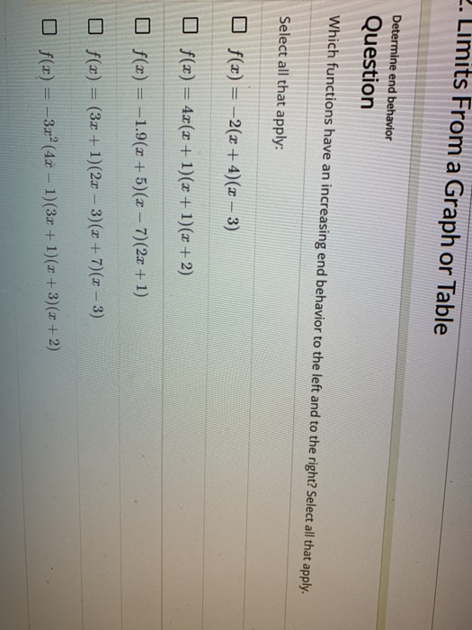 Solved 2. Limits From a Graph or Table Determine end | Chegg.com