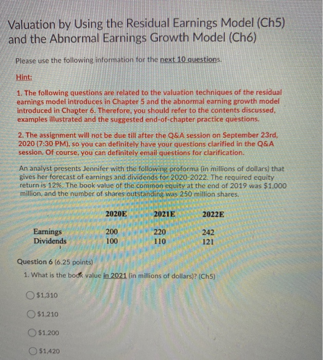 Solved Valuation by Using the Residual Earnings Model (Ch5) | Chegg.com