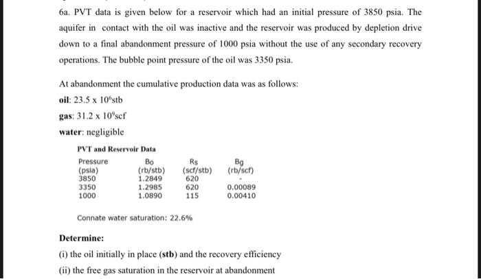 Solved 6a. PVT data is given below for a reservoir which had | Chegg.com