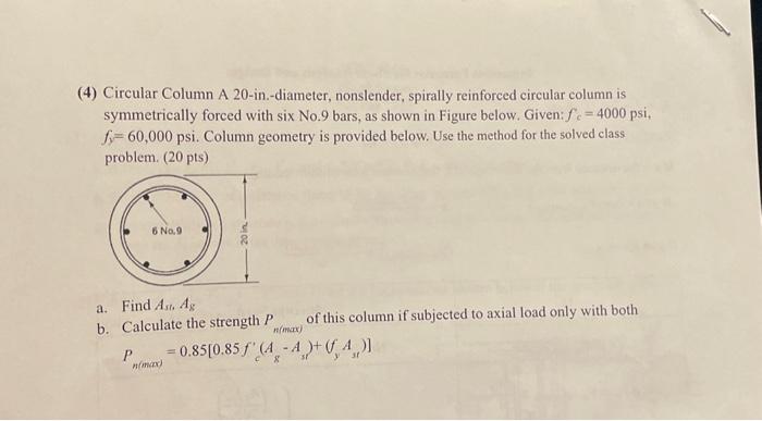 Solved 4) Circular Column A 20-in.-diameter, nonslender, | Chegg.com