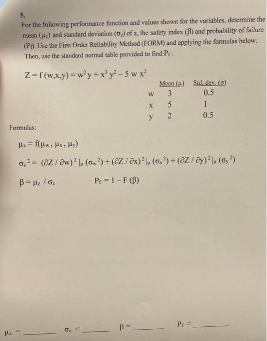 Solved 5. For the following performance function and values | Chegg.com