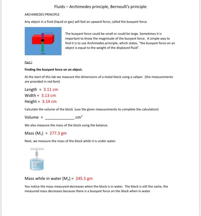 Solved Fluids - Archimedes principle, Bernoulli's principle | Chegg.com