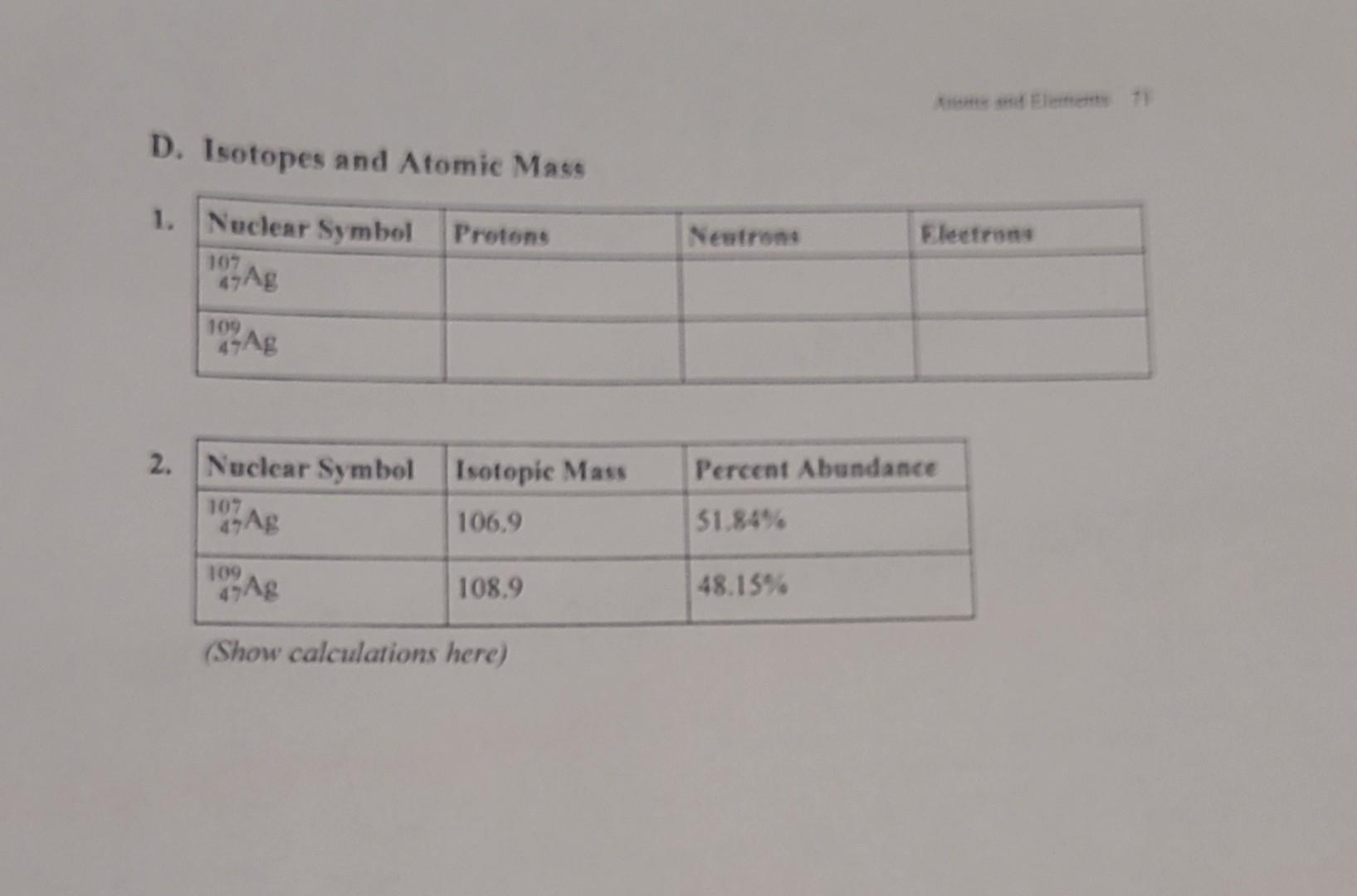 Solved D. Isotopes and Atomic Mass 2. (Show calculations | Chegg.com