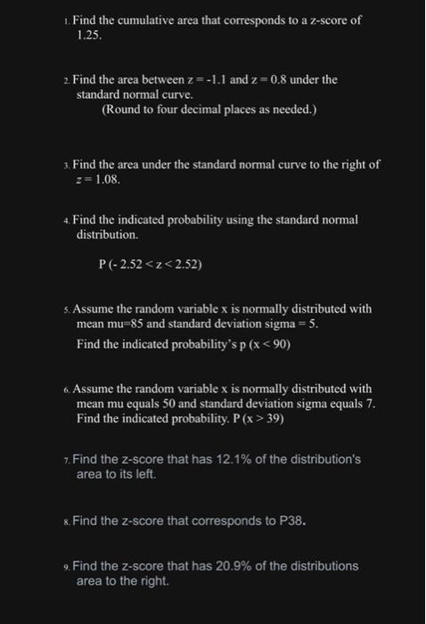 Solved 1. Find the cumulative area that corresponds to a | Chegg.com