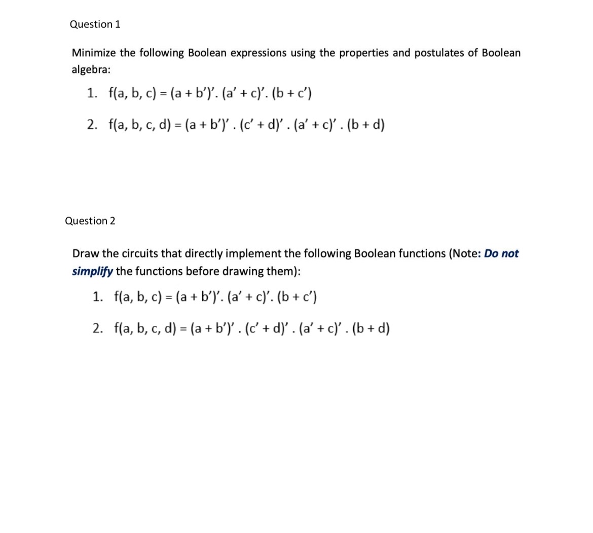 Solved Question 1Minimize the following Boolean expressions | Chegg.com