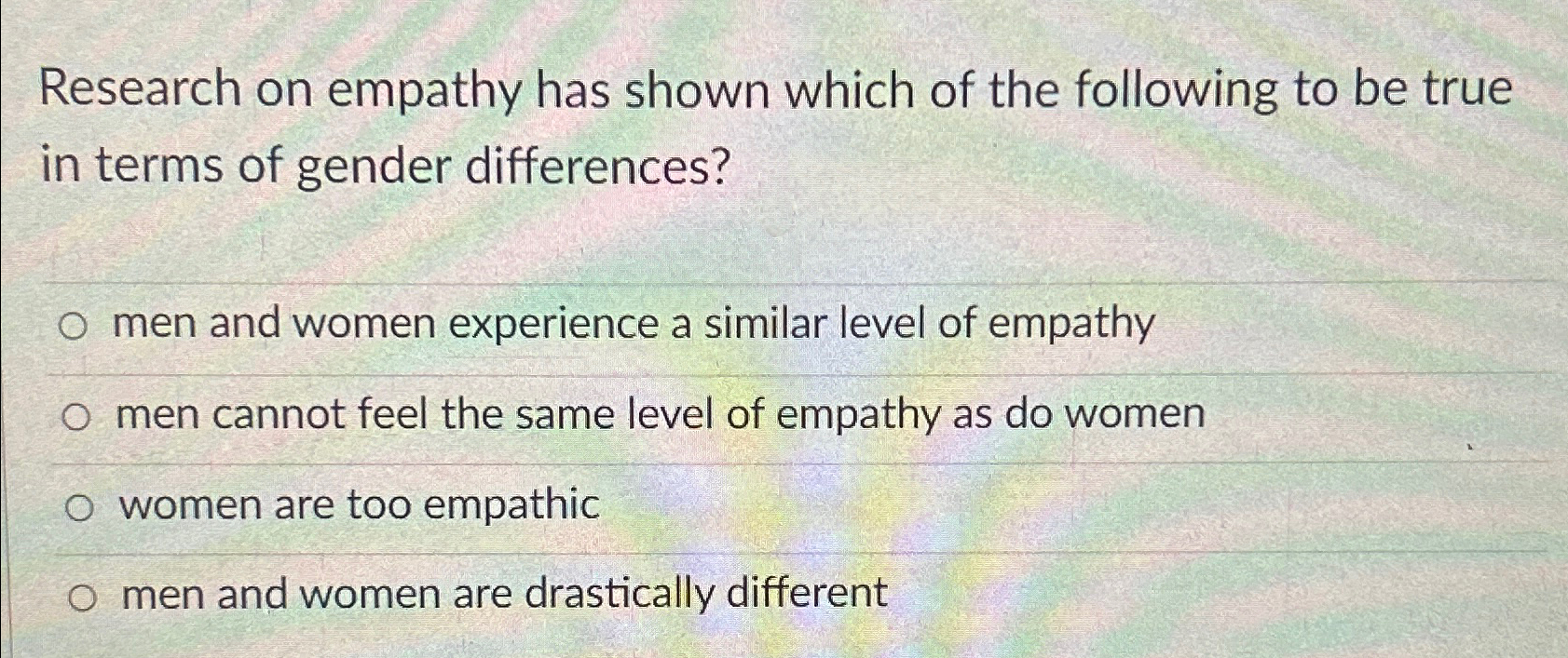 Solved Research on empathy has shown which of the following | Chegg.com