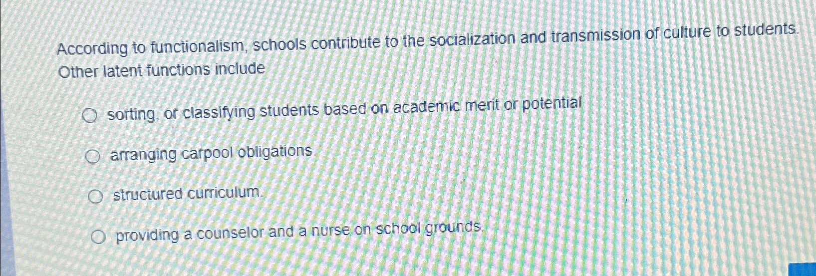 Solved According to functionalism, schools contribute to the | Chegg.com