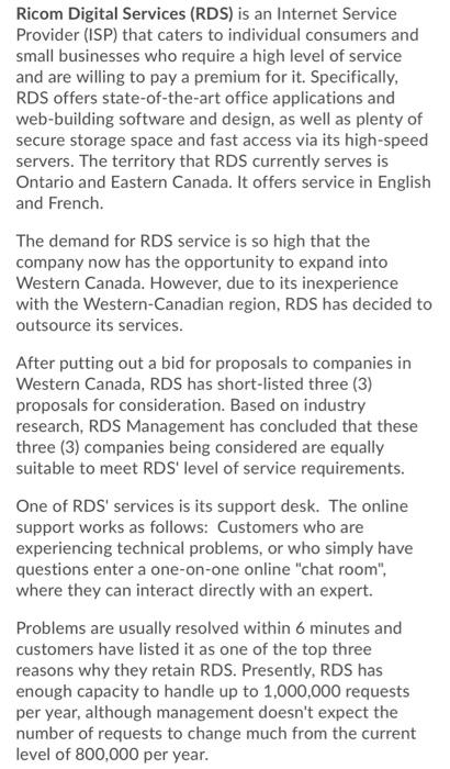Solved Ricom Digital Services (RDS) is an Internet Service | Chegg.com