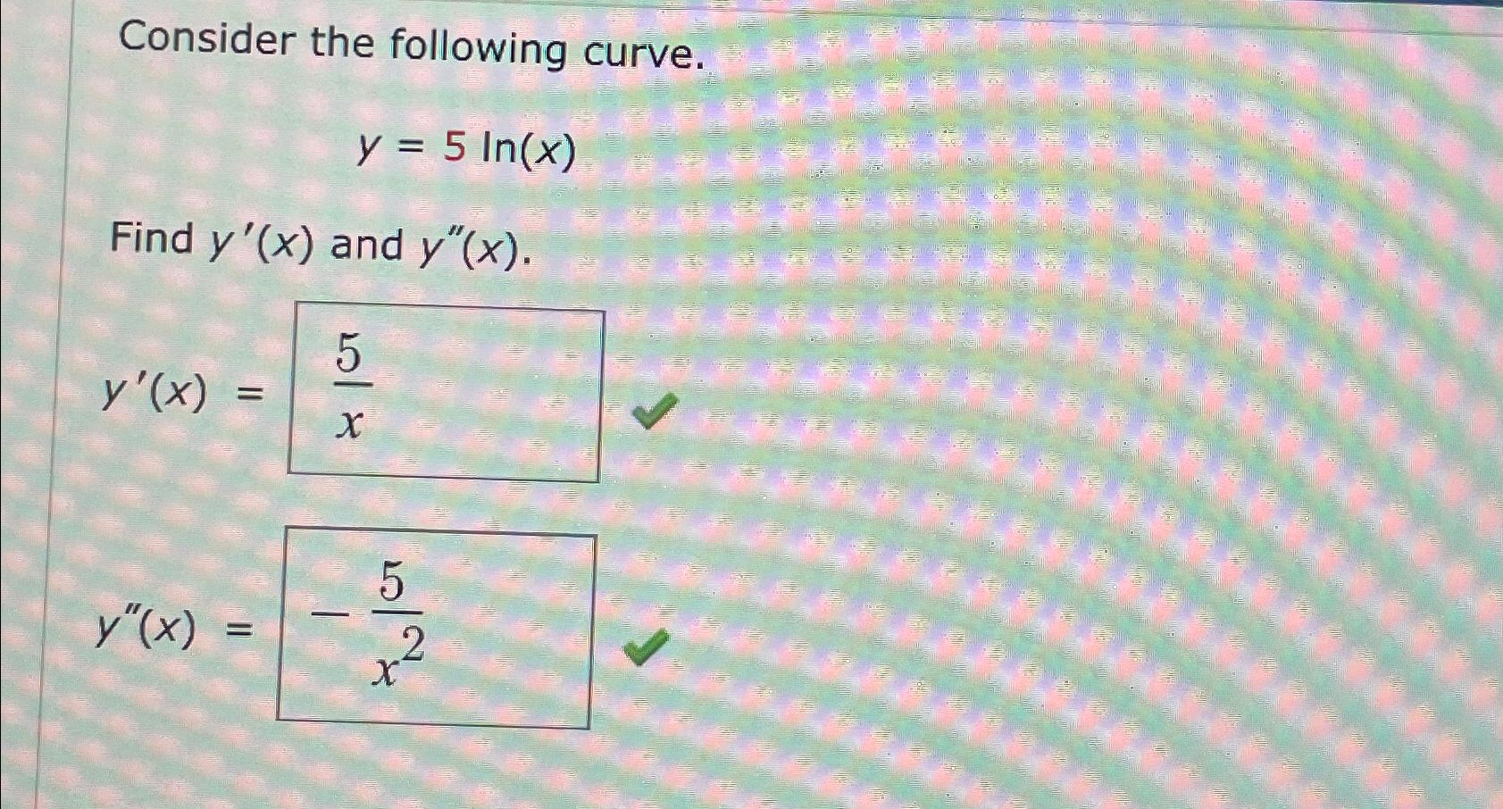 Solved Consider the following curve.y=5ln(x)Find y'(x) ﻿and | Chegg.com