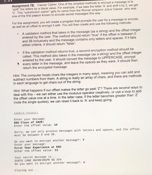 Solved 3 of 4 Assignment 7B: Caesar Cipher. One of the | Chegg.com