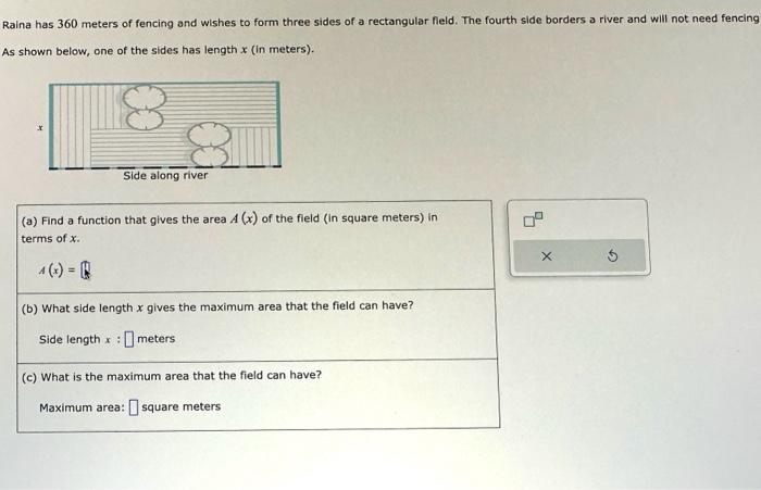 Solved iaina has 360 meters of fencing and wishes to form | Chegg.com