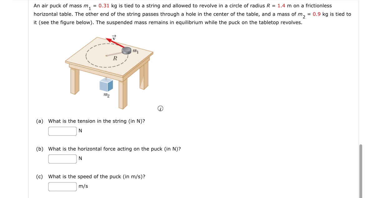 Solved An air puck of mass m1=0.31kg ﻿is tied to a string | Chegg.com