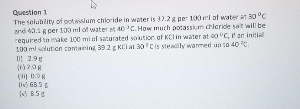 Solved Question 1 The solubility of potassium chloride in | Chegg.com