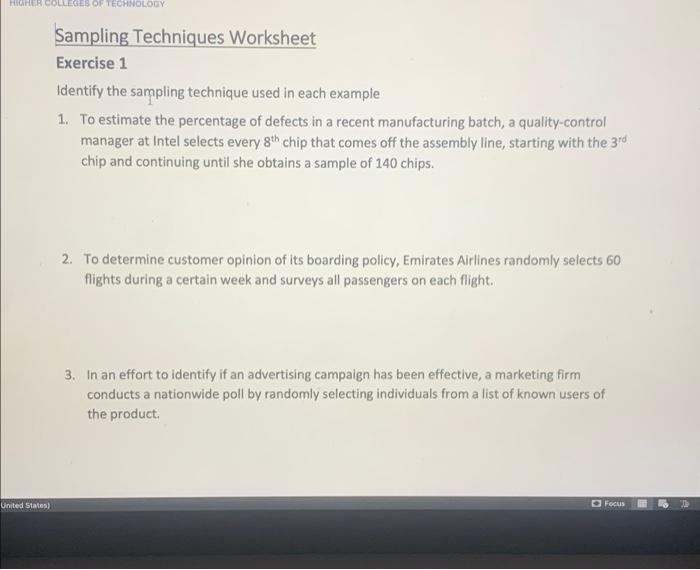 Solved HIGHER COLLEGES OF TECHNOLOGY Sampling Techniques | Chegg.com