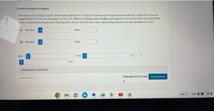 Solved The tenston in a string is 15.6 N, and its linear | Chegg.com