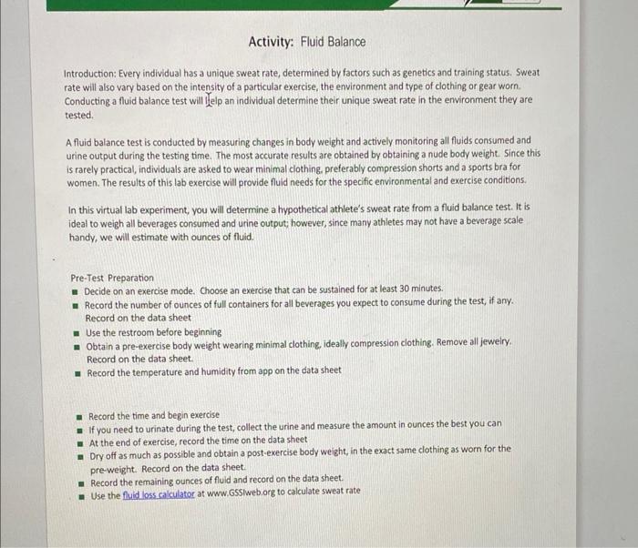 Activity: Fluid Balance Introduction: Every | Chegg.com