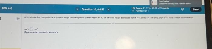 Solved SV=cm3 Type an exact answer in ferms of π ) | Chegg.com